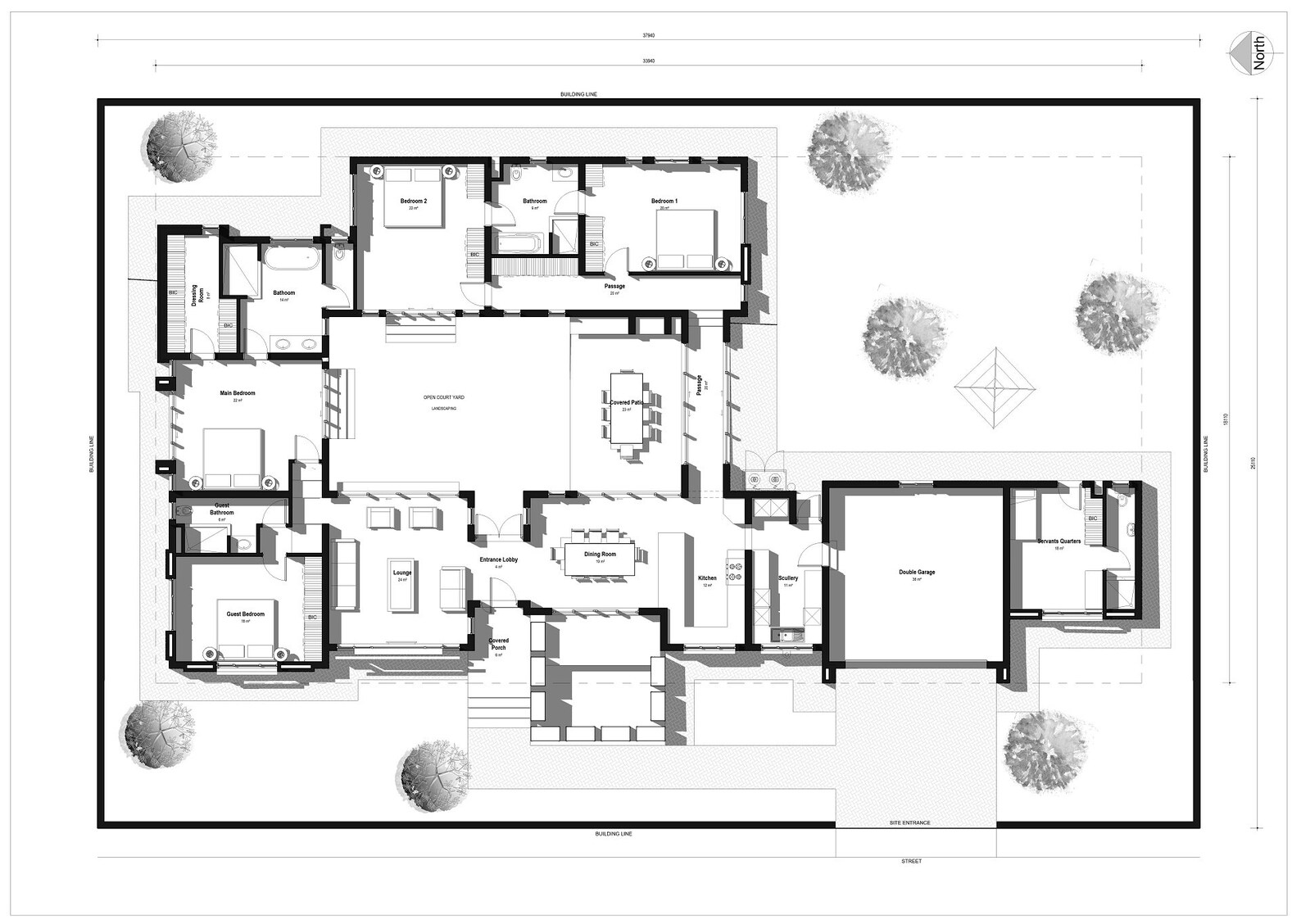 4 Bedroom House Plans, Courtyard, Double Garage, Patio (PDF & DWG) - Etsy