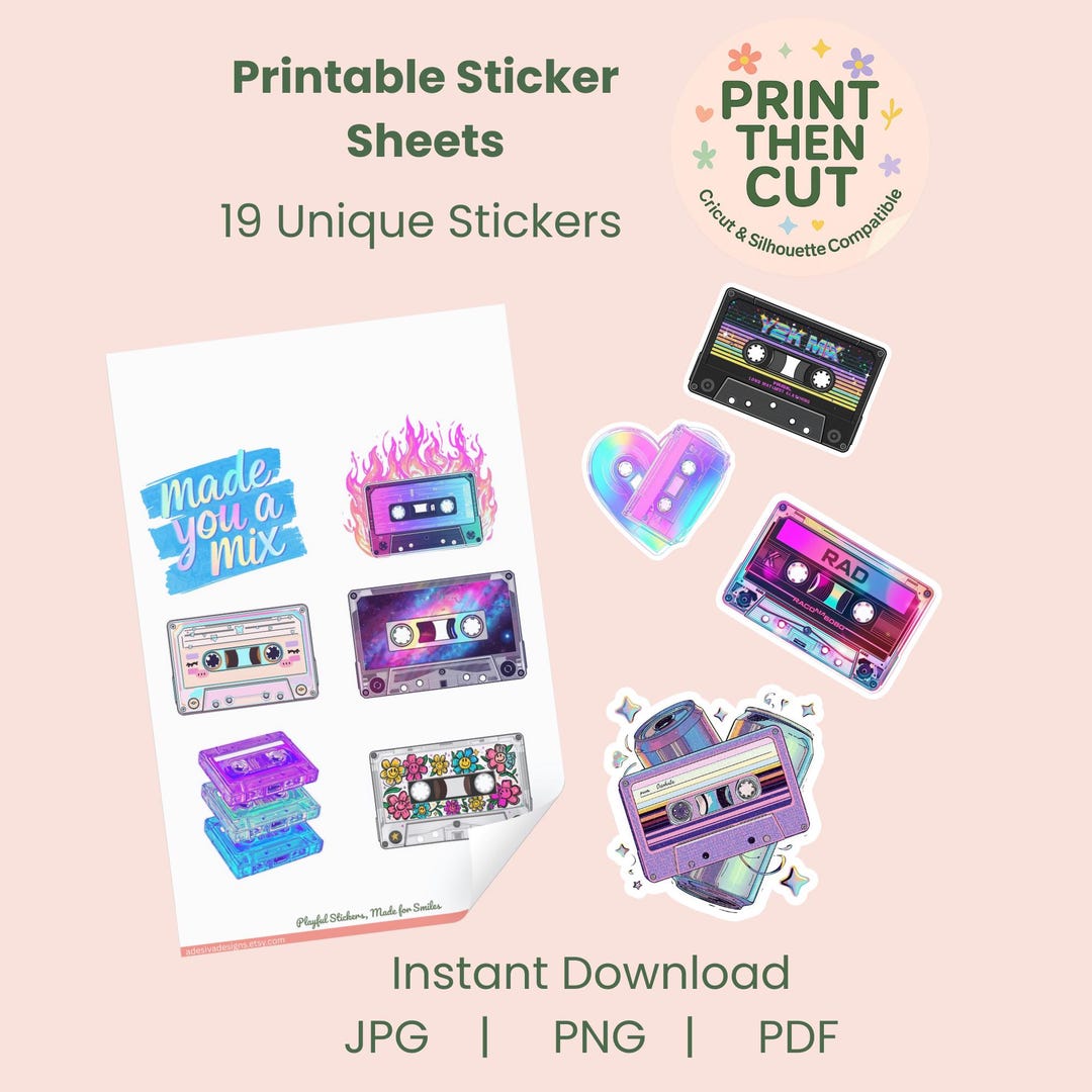 Retro Holographic Cassette Tape Sticker Pack | 80s Mixtape Printable ...