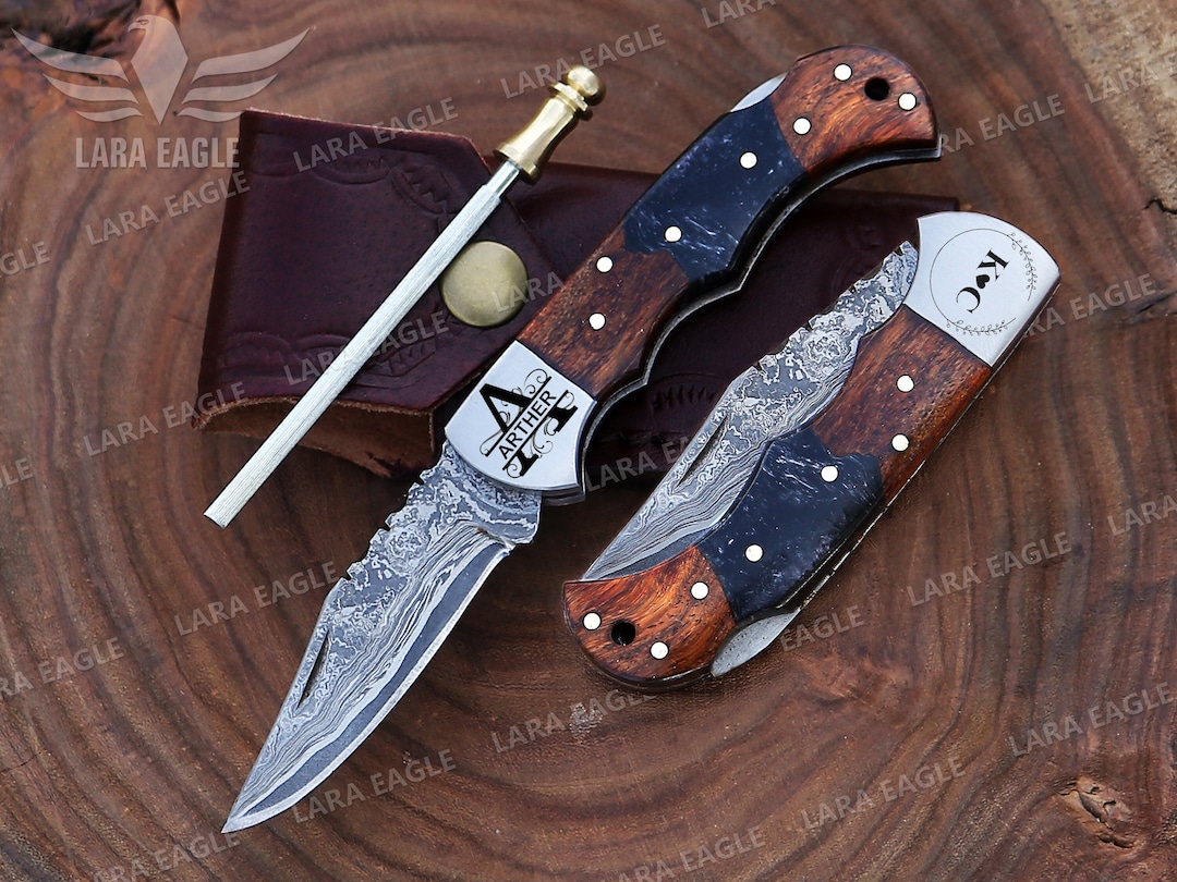 Damascus San Mai Pocket Knife Handmade Folding Knife Epoxy & Rose Wood ...