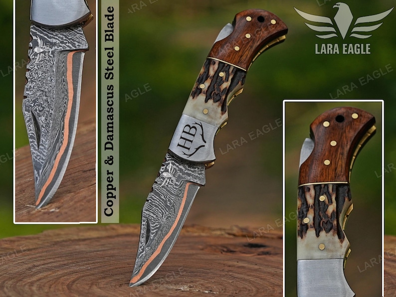 Copper Damascus Handmade Folding Knife- Personalized Stag Horn/dear ...
