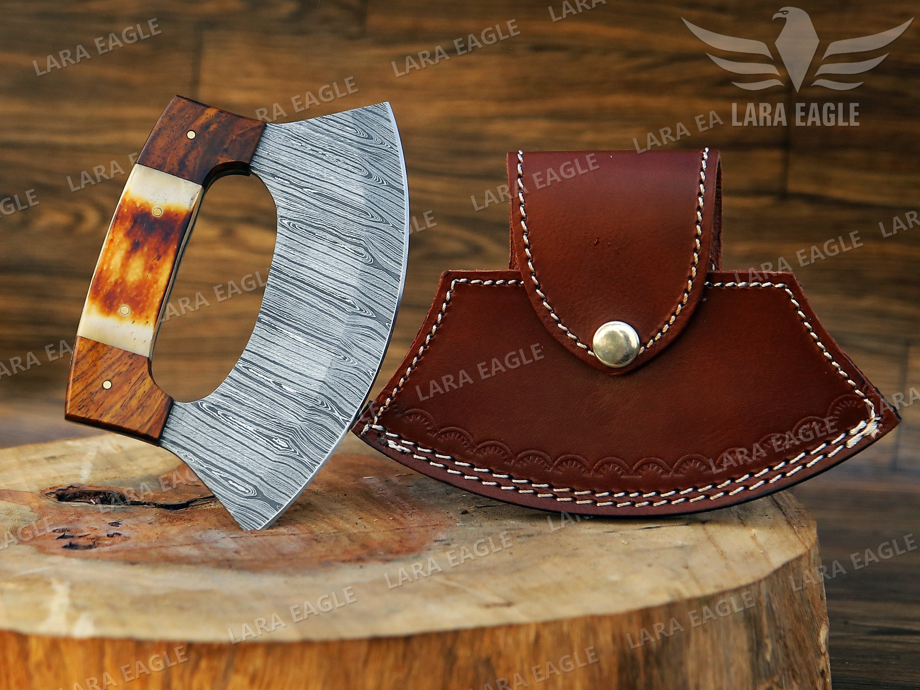 Handmade Damascus Steel Chef Ulu Knife Celtic Knot Handle Camel Bone ...
