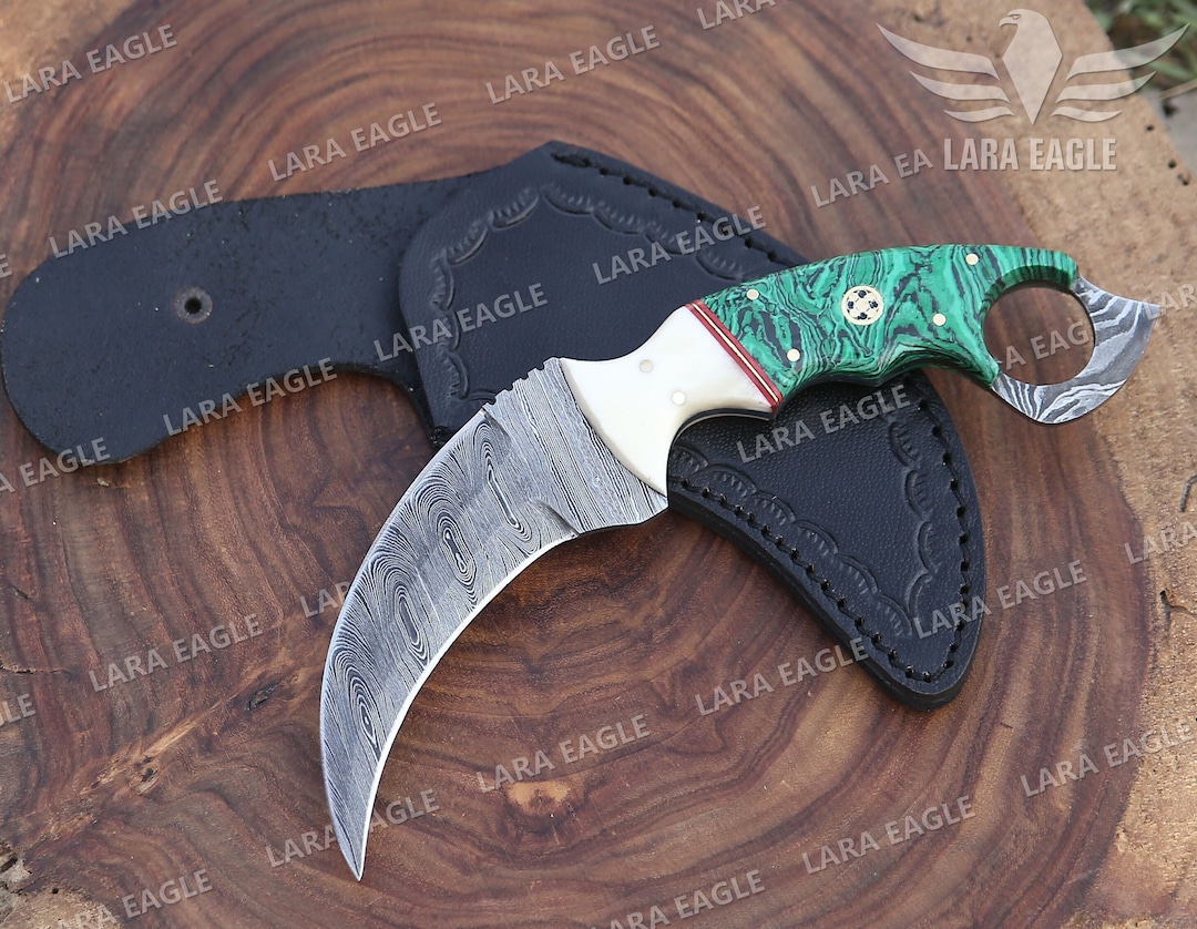 CUSTOM HANDMADE DAMASCUS Karambit Knife Green Malachite and Camel Bone ...