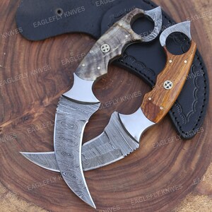 Custom Hand Forged Damascus Steel Karambit Knife, Rose Wood & Sheep ...