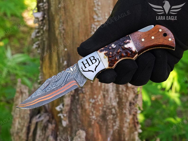 Custom Handmade Copper Damascus Pocket Knife, Double Copper Inlay ...