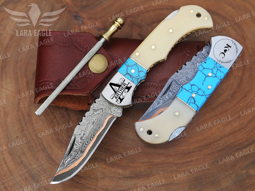 COPPER DAMASCUS HANDMADE Folding Knife Copper Blade Pocket Knife Real ...