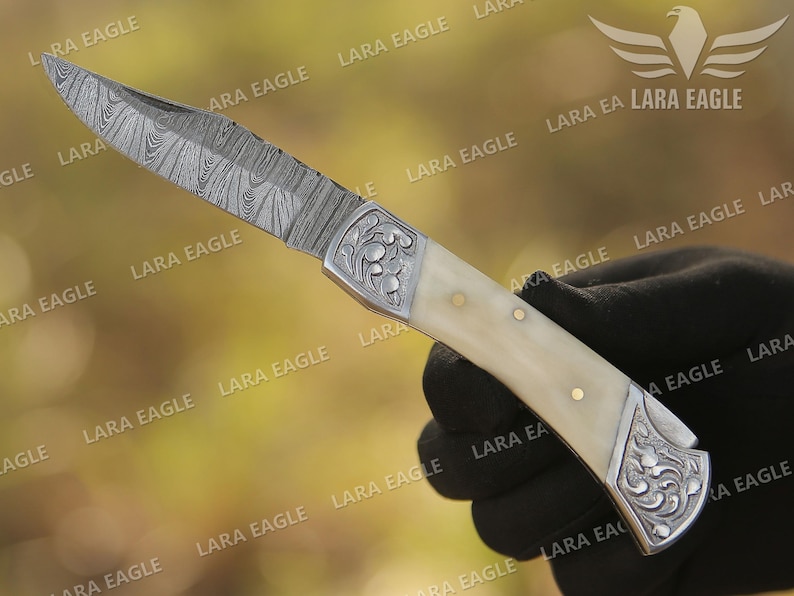 Custom Handmade Damascus Steel Pocket Knife Folding Knife White Camel ...