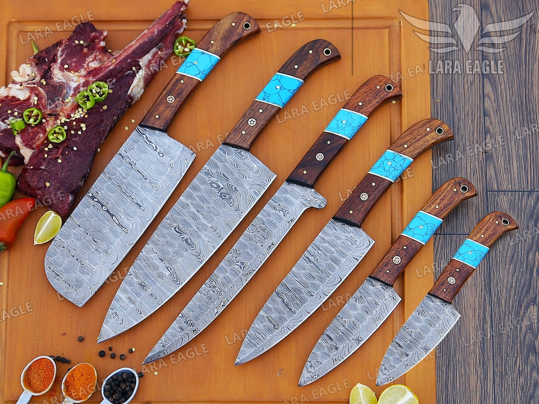 Elegant Handmade Damascus Chef Set With Turquoise & Rose Wood Handle ...