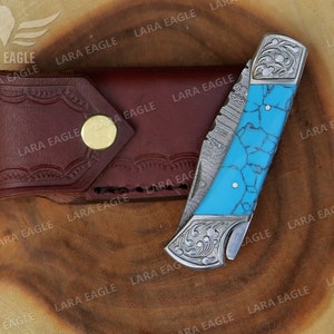 Handmade Damascus Folding Knife Pocket Knife Real Turquoise Handle ...