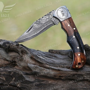 Damascus San Mai Pocket Knife Handmade Folding Knife Epoxy & Rose Wood ...