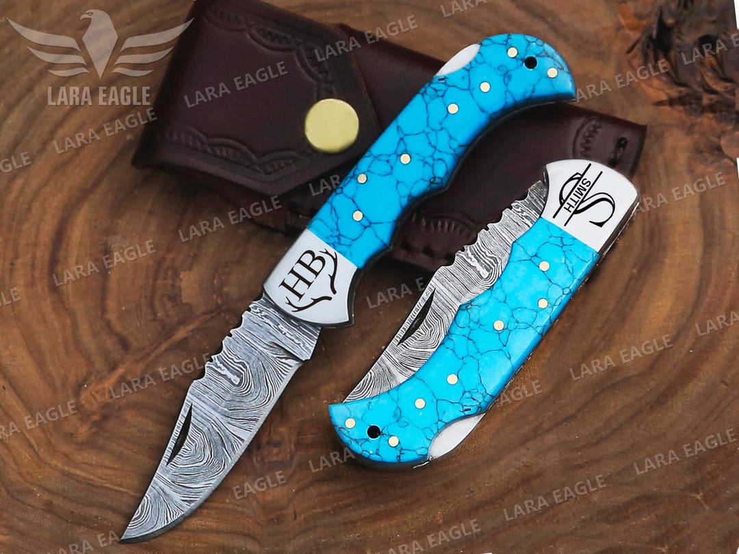 Handmade Damascus Steel Pocket Knife Real & Solid Turquoise Gemstone ...