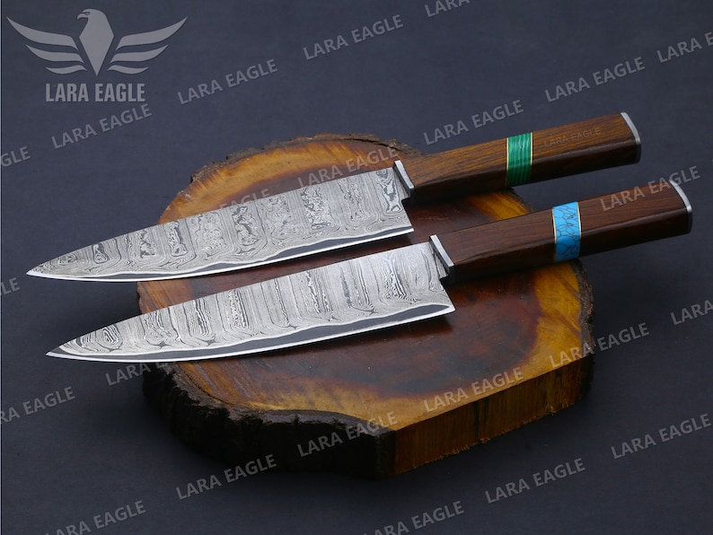 Handmade Damascus Steel Chef Knife: Turquoise & Rose Wood Handle San ...