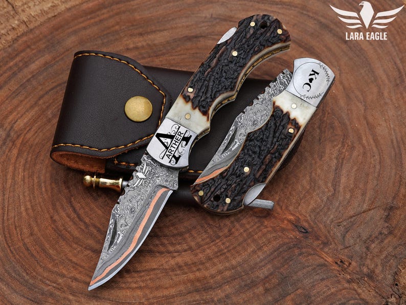 Copper Damascus Handmade Folding Knife- Personalized Stag Horn/dear ...