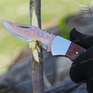 Handmade Copper Damascus Folding Knife Copper Pocket Knife Wooden ...