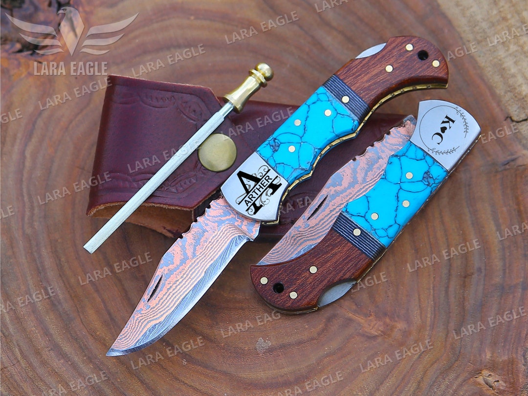 COPPER DAMASCUS Handmade Folding Knife Turquoise & Wood Handle Hand ...