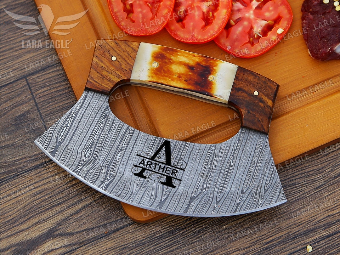 Handmade Damascus Steel Chef Ulu Knife Celtic Knot Handle Camel Bone ...