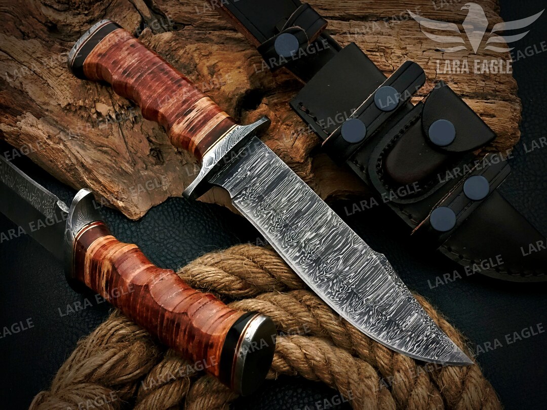 Handmade Damascus Steel Hunting Bowie Knife, Stacked Leather Handle, Fixed Blade Knife ...