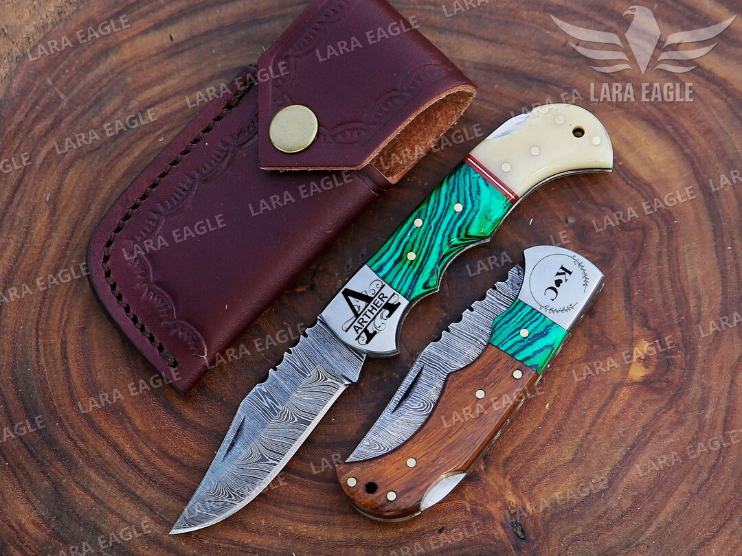 Turquoise Handmade Damascus Pocket Knife Folding Knife Malachite and ...