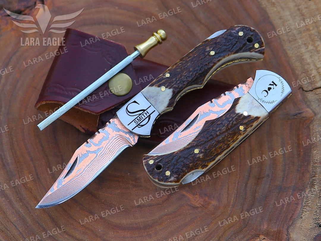 COPPER Damascus Handmade Pocket Folding Knife With Stag Horn Deer ...