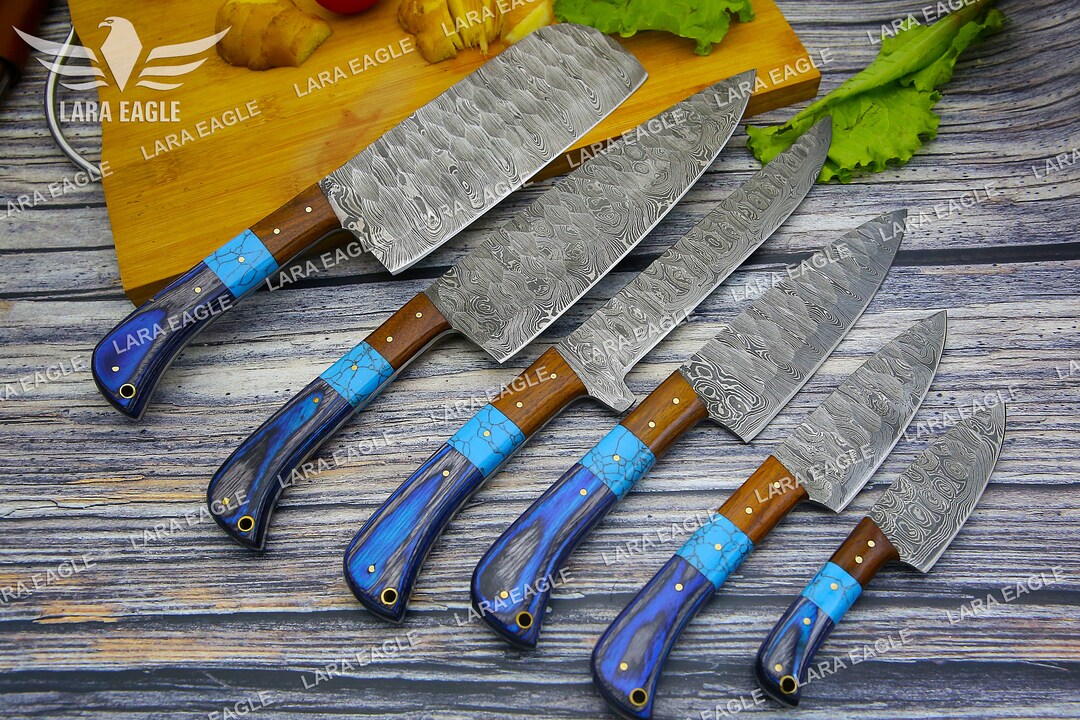 Elegant Damascus Steel Chef Knife Set With Turquoise Gemstone, Rosewood ...