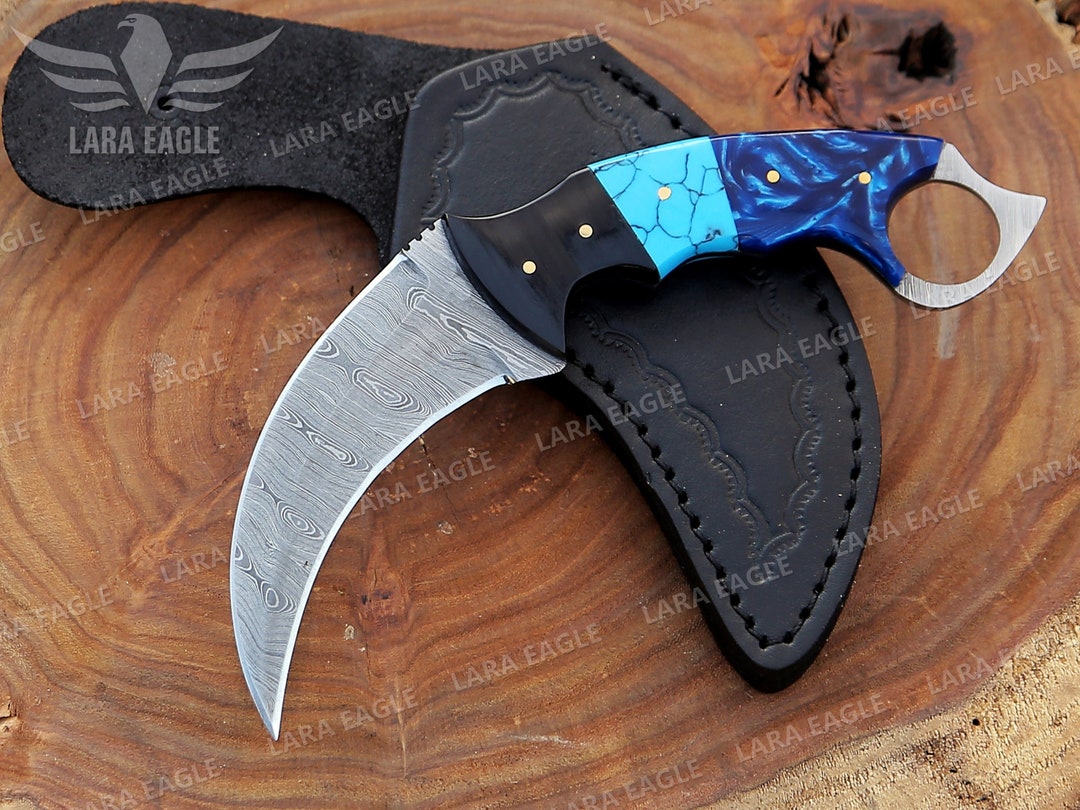 Handmade Damascus Steel Karambit Knife Turquoise & Bull Horn Handle ...