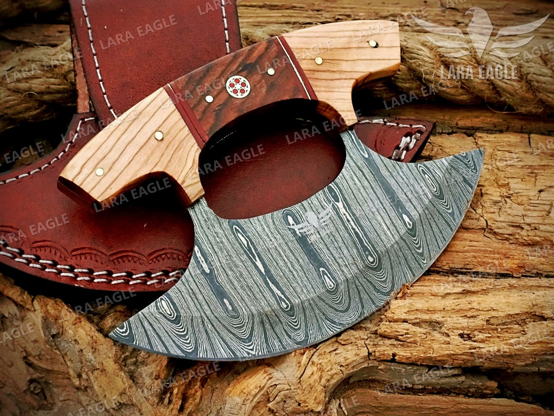 Damascus Ulu Knife: Handmade Celtic Knot Rosewood Handle, Leather ...