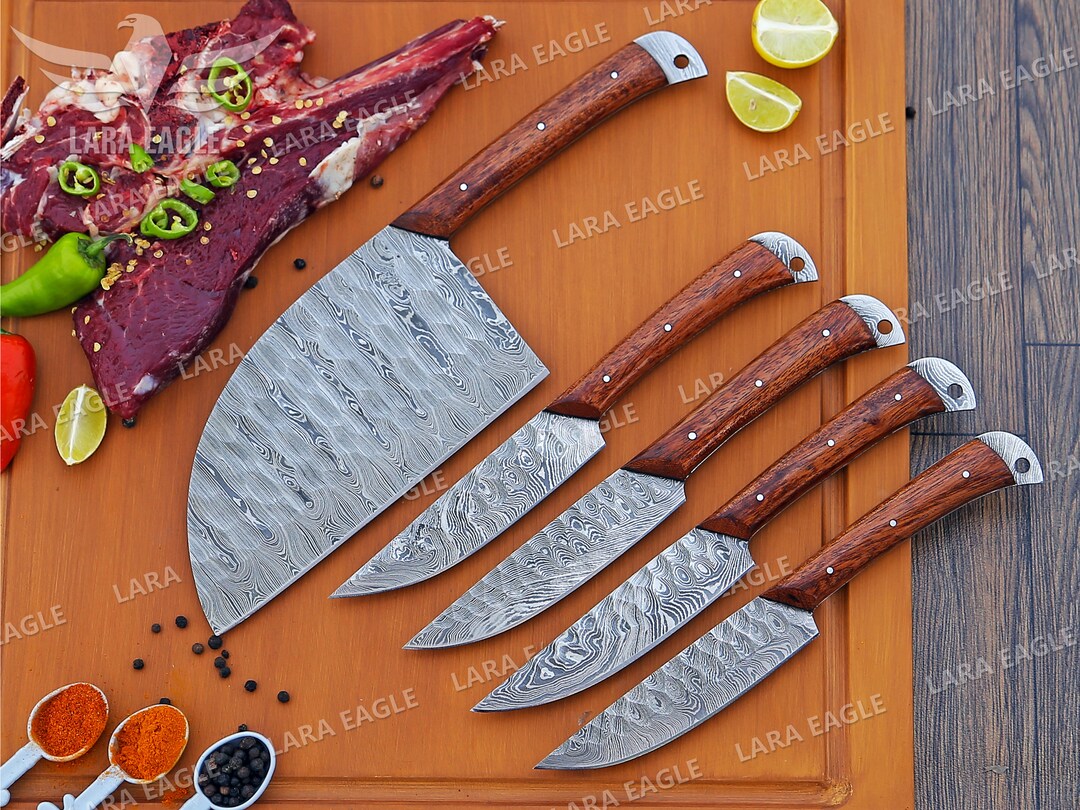 Custom Handmade Damascus Steel BBQ Chef Knife Set With Mahogany Wood ...