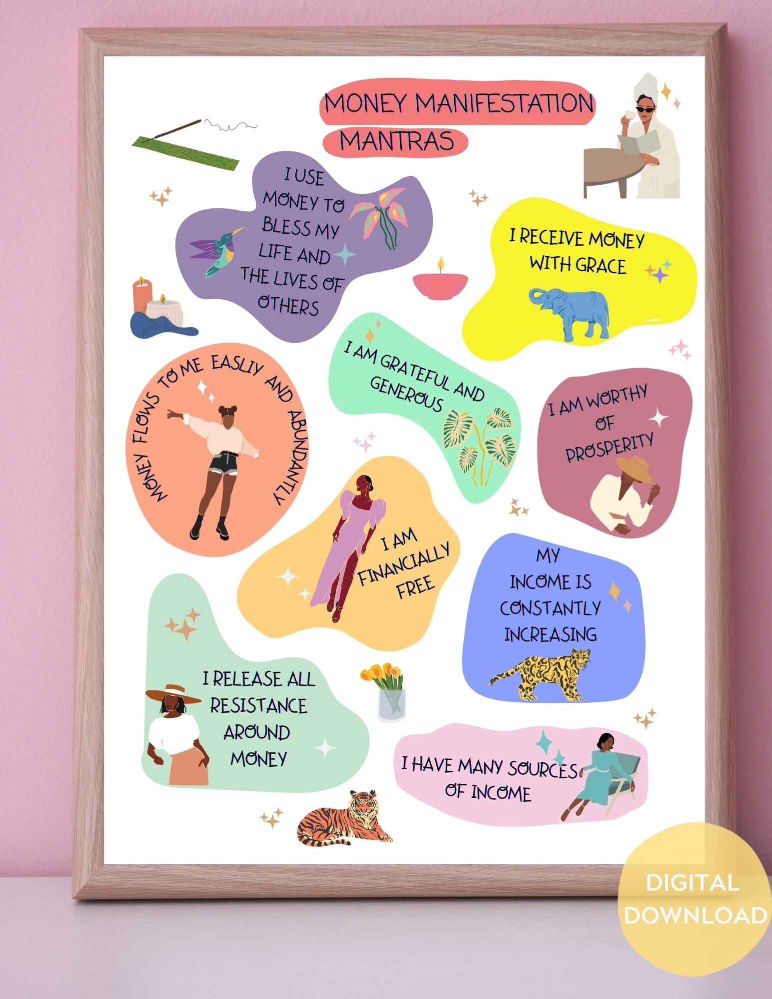 Money Manifestation Mantra Boho Art Print 8x10 - Manifest Artwork Wall ...