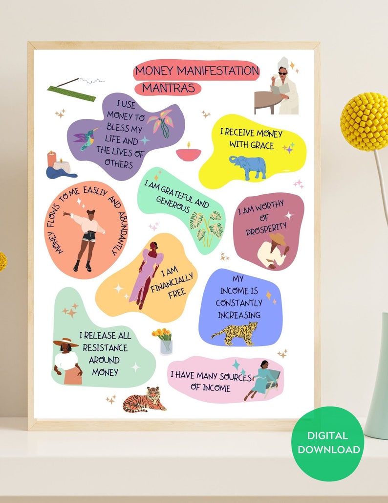 Money Manifestation Mantra Boho Art Print 8x10 - Manifest Artwork Wall ...