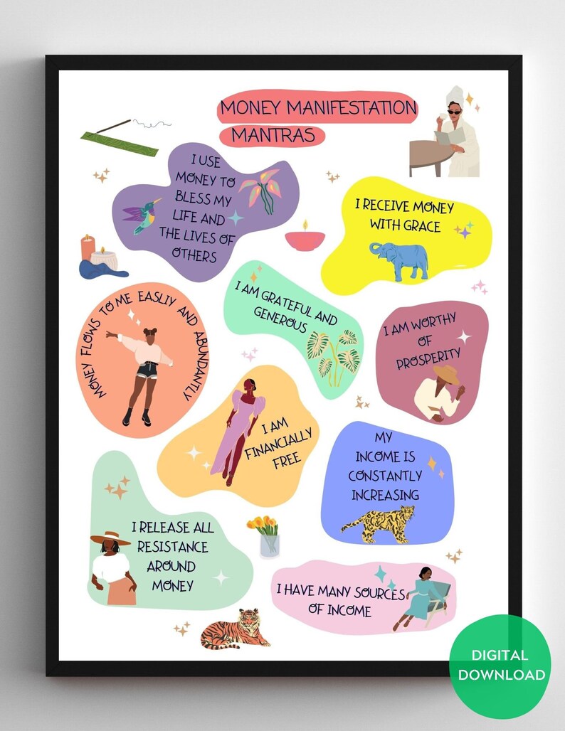 Money Manifestation Mantra Boho Art Print 8x10 - Manifest Artwork Wall ...