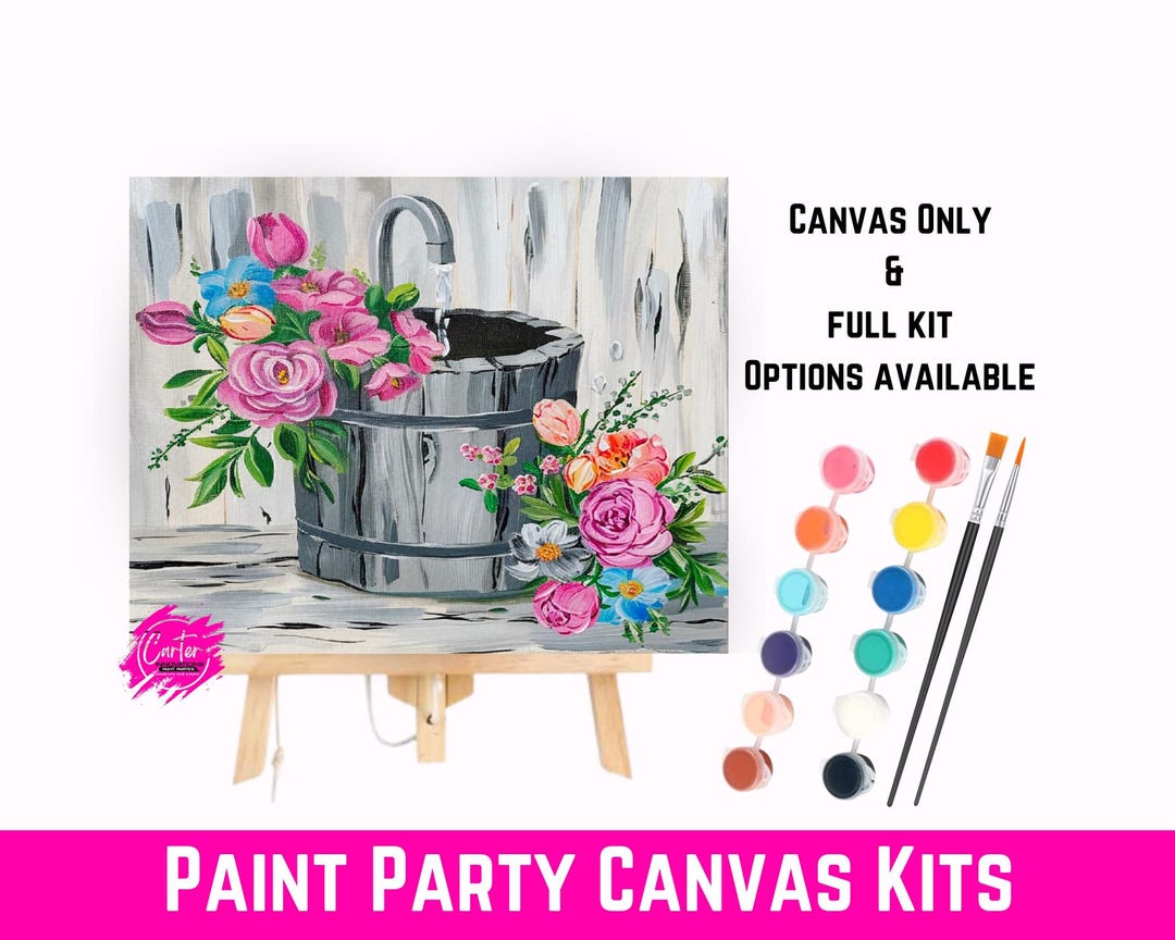 Rustic Water Bucket Floral Painting Kit | Pre-drawn Canvas & Acrylic ...