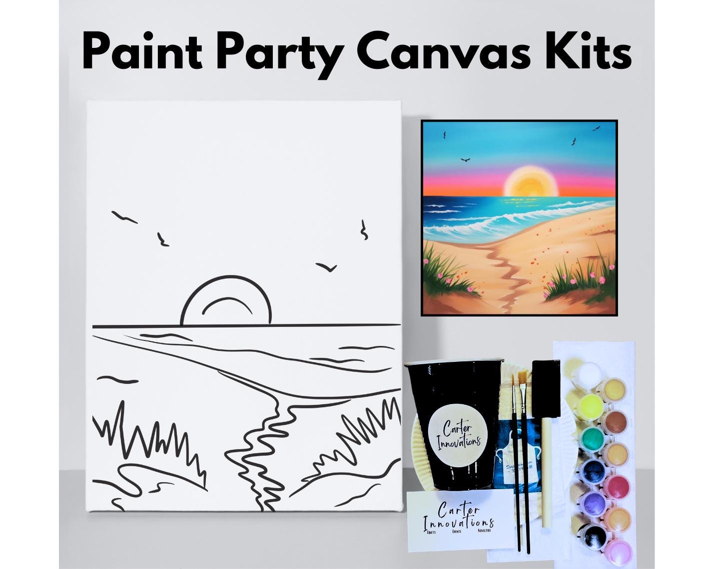 Beach Painting, Art Party, Pre Drawn Canvas, Birthday Party Ideas ...