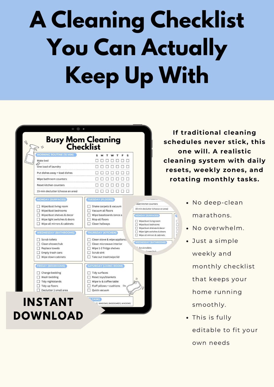 Realistic Weekly Cleaning Checklist for Busy Moms - Etsy