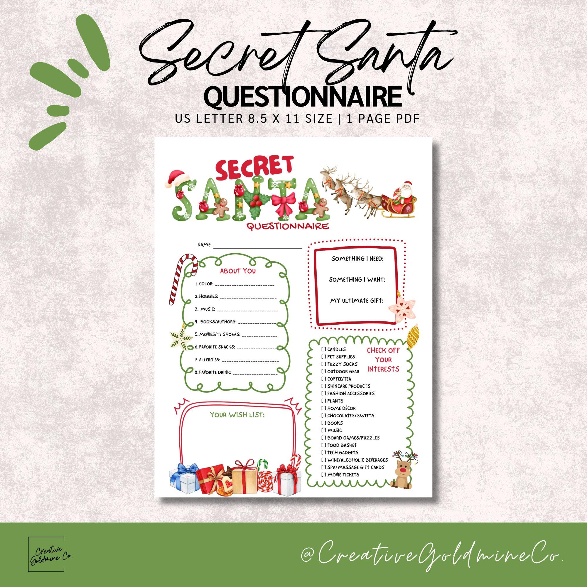 Secret Santa Questionnaire, Christmas Gift Exchange (PDF) - Etsy