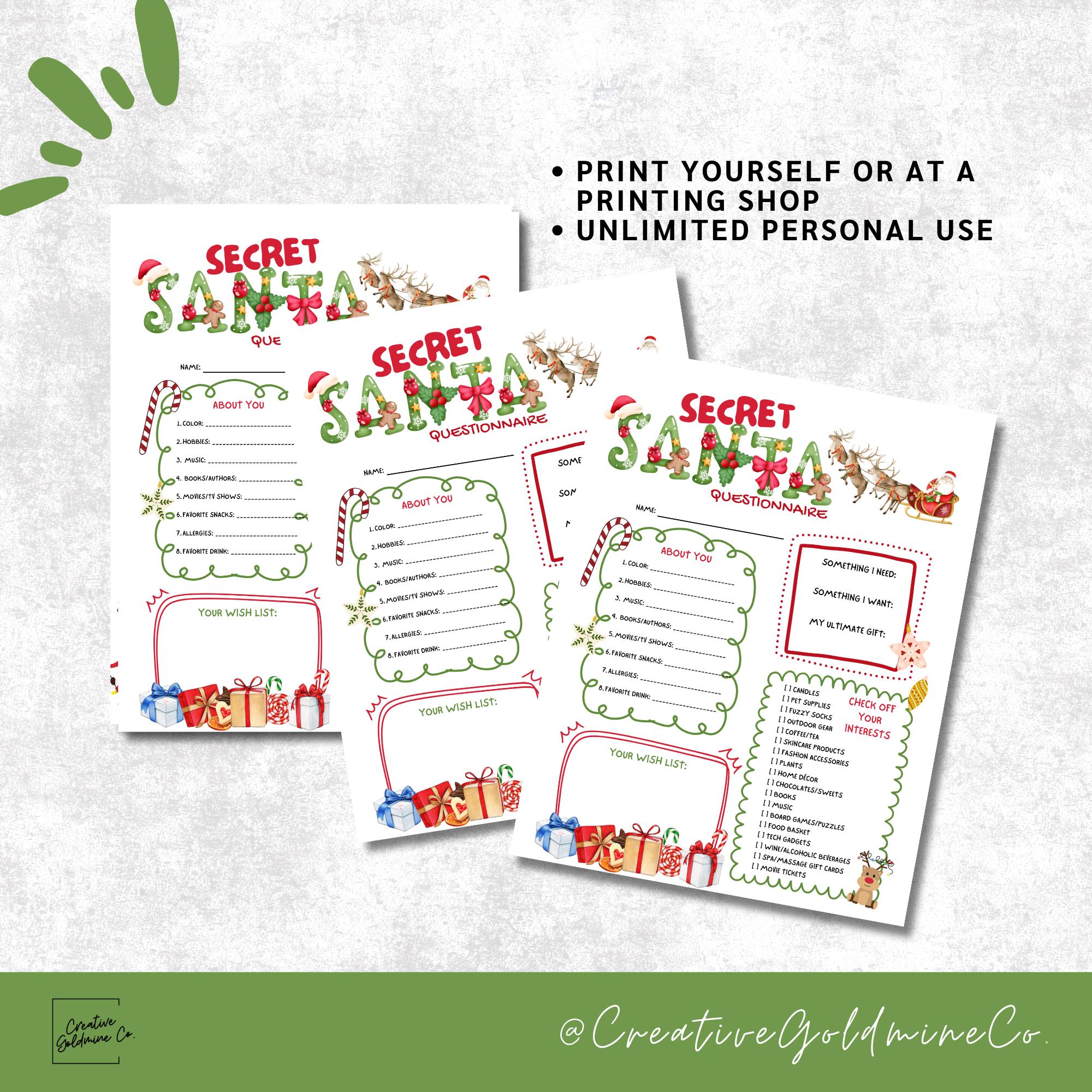 Secret Santa Questionnaire, Christmas Gift Exchange (PDF) - Etsy