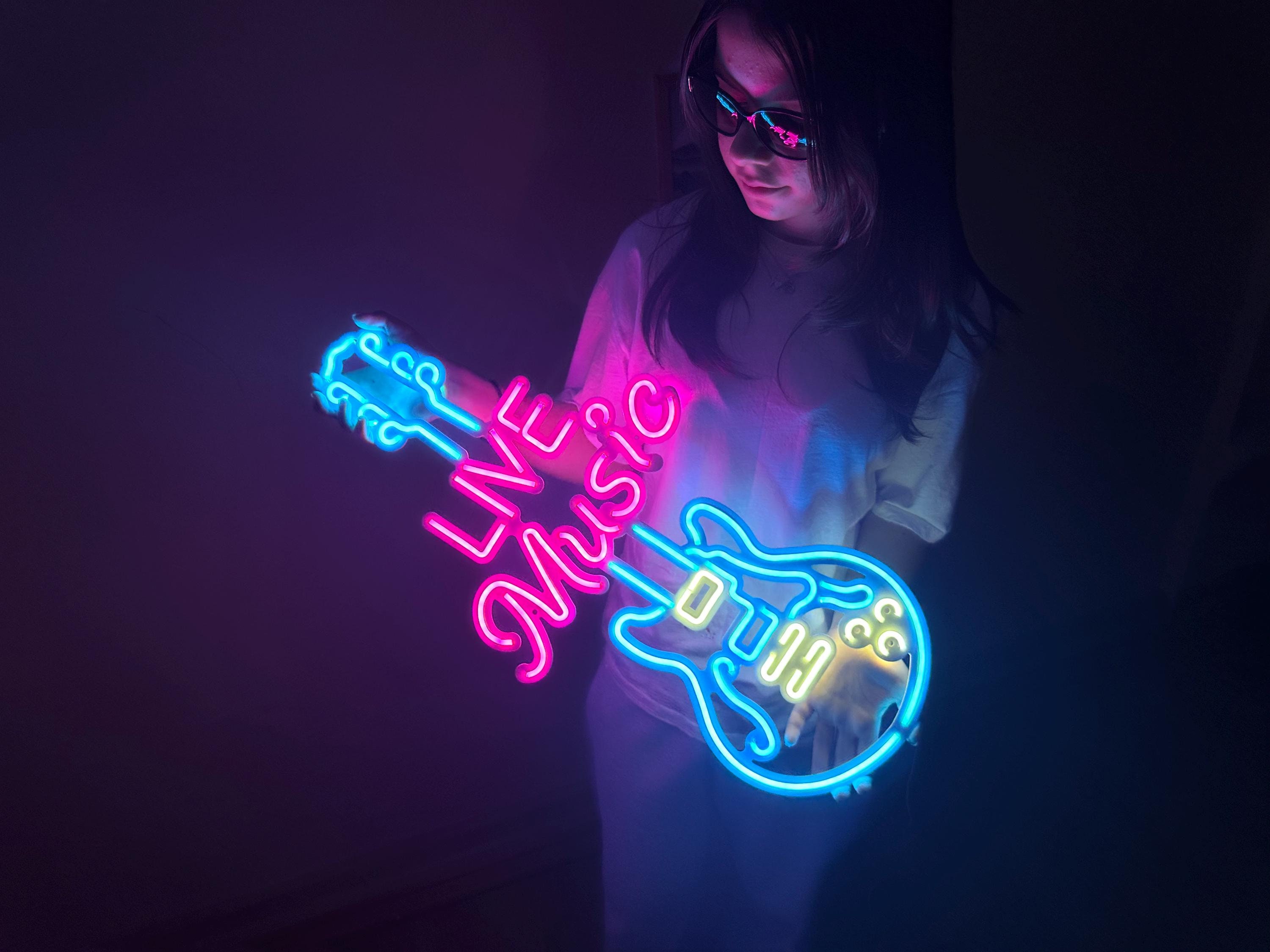 Illuminated Guitar Neon Sign: LED Wall Art for Music Lovers, Bars ...