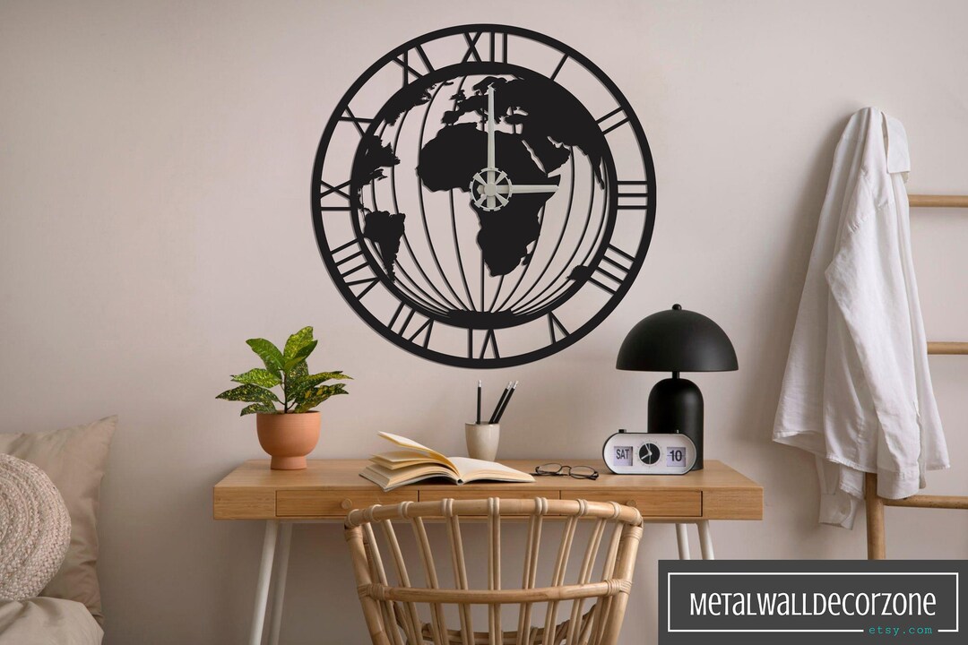 Oversized Metal World Map Wall Clock: Unique Numbered Global Timepiece ...