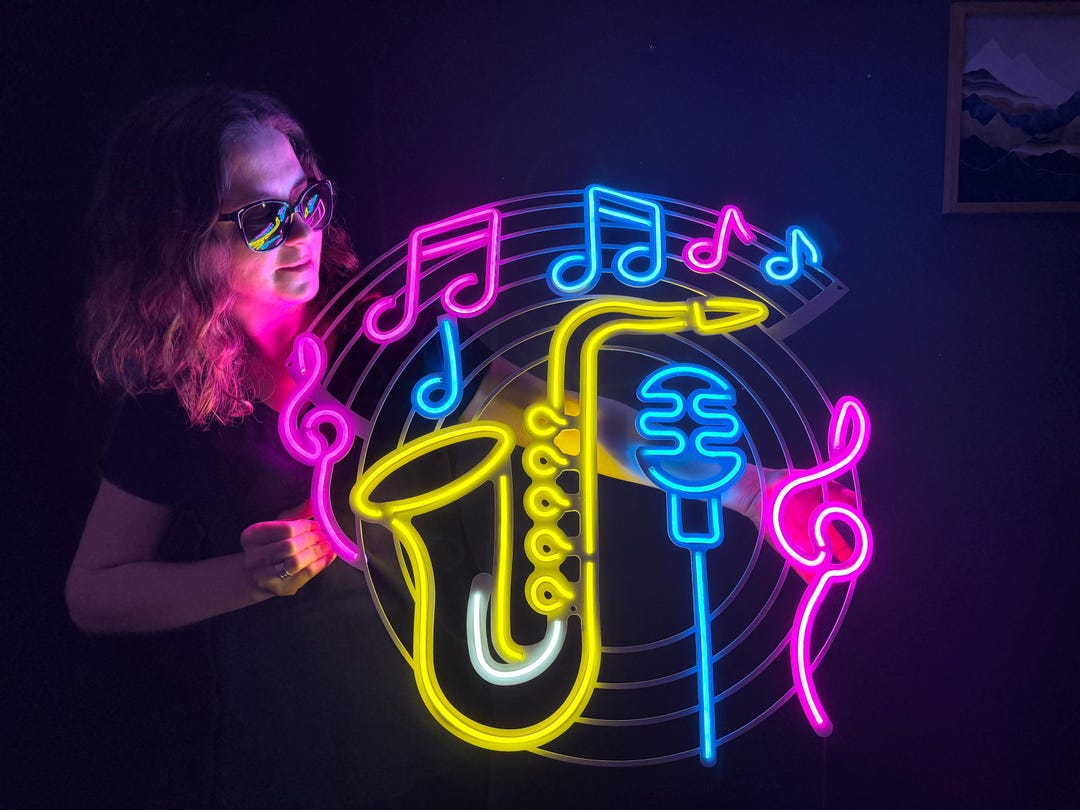 Saxophone & Music Neon Sign | Neon Metal Wall Art, LED Music Decor ...