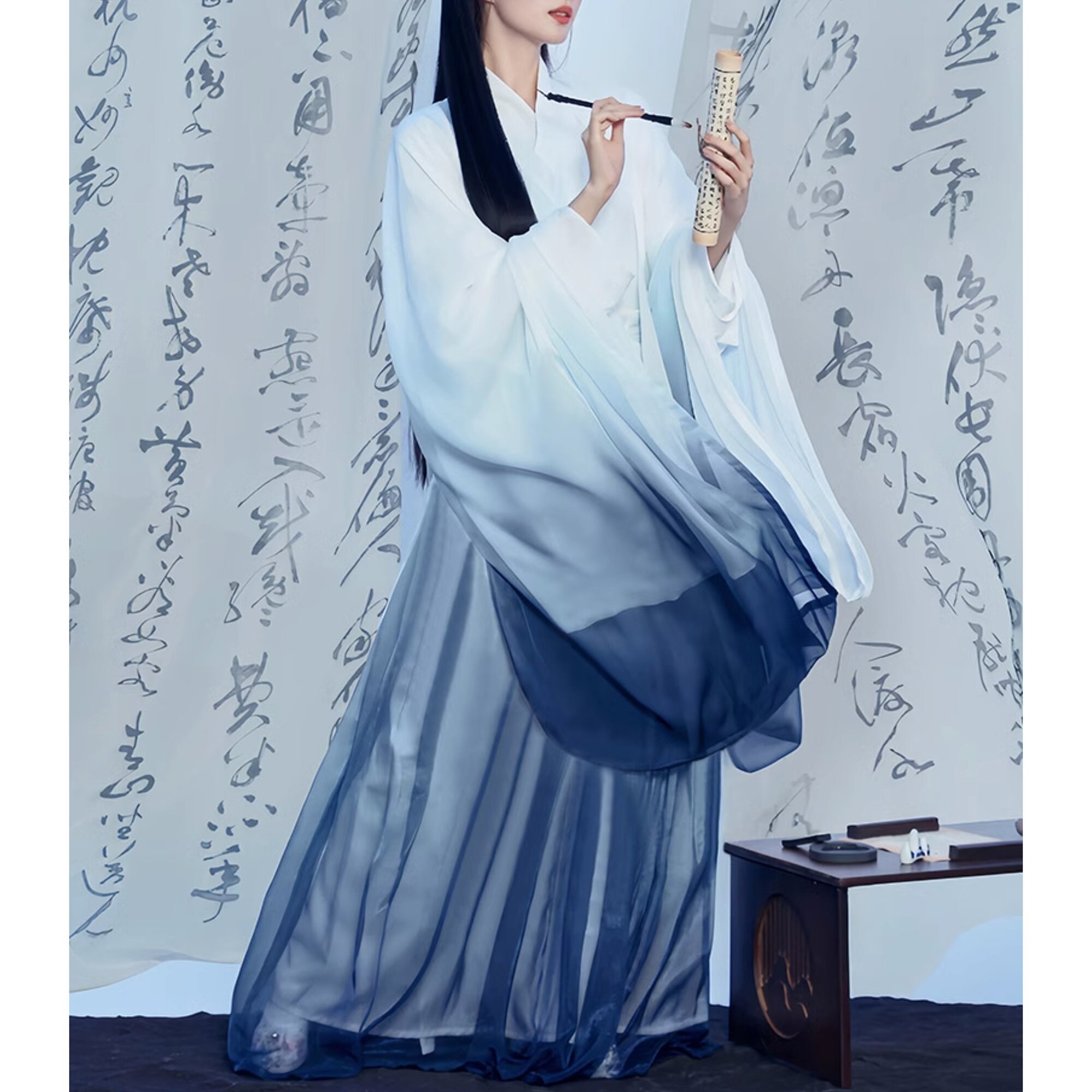 Blue and White Gradient Hanfu Skirt, Wei and Jin Style Ancient Costume ...