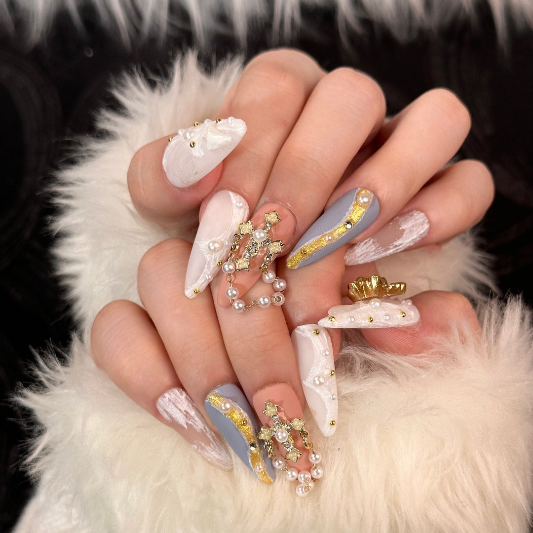 Golden Angel Press on Nails, Pearl Cross Drill Glue on Nails, Gel Fake ...