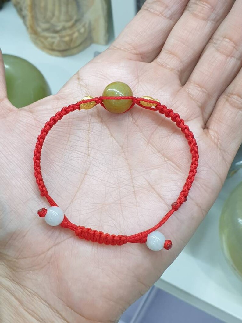 Honey Jade Bead & 24 Karat Gold Koi Fish in Red Thread Braided Bracelet ...