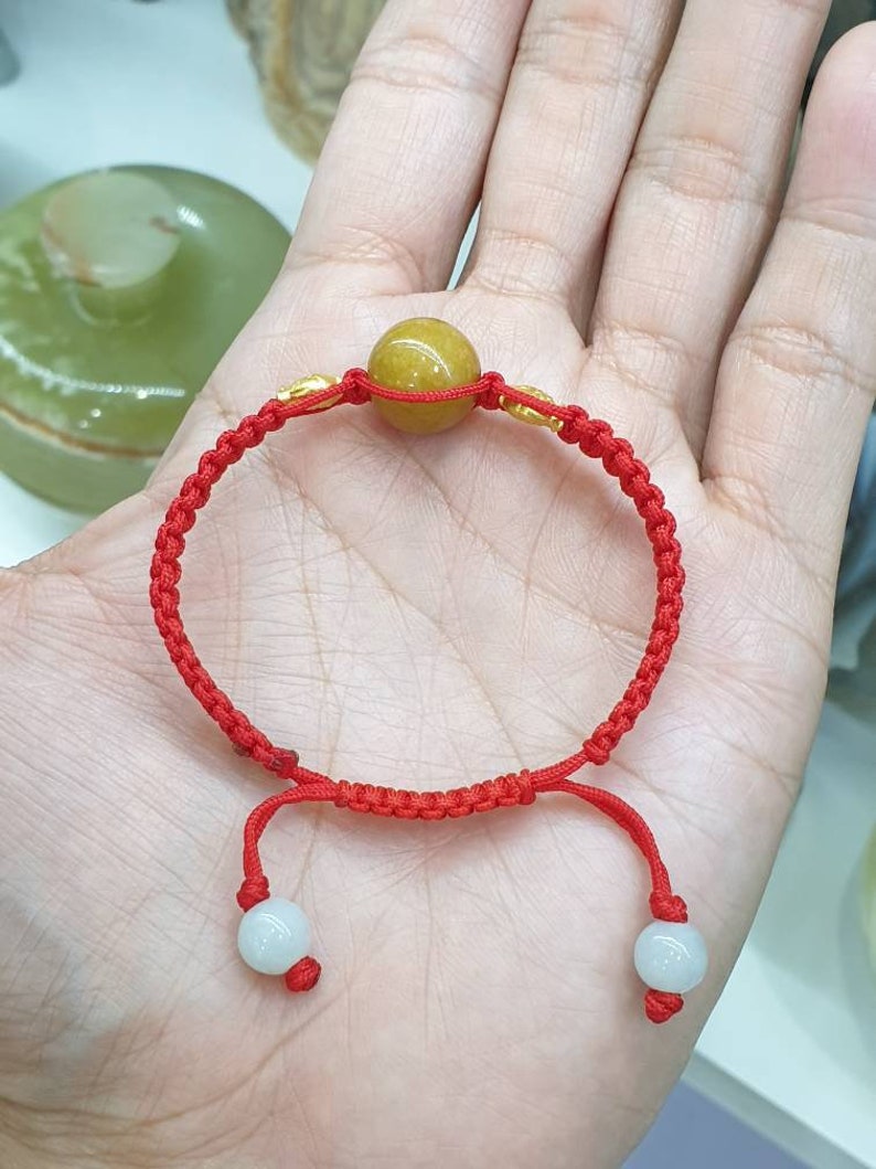 Honey Jade Bead & 24 Karat Gold Koi Fish in Red Thread Braided Bracelet ...