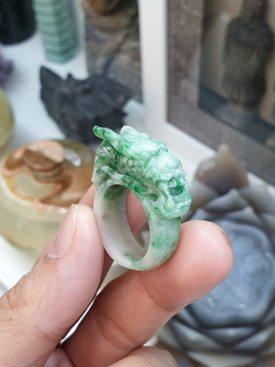 Moss in Snow Jade Dragon Ring, Size 61 (US 9.5) - Etsy