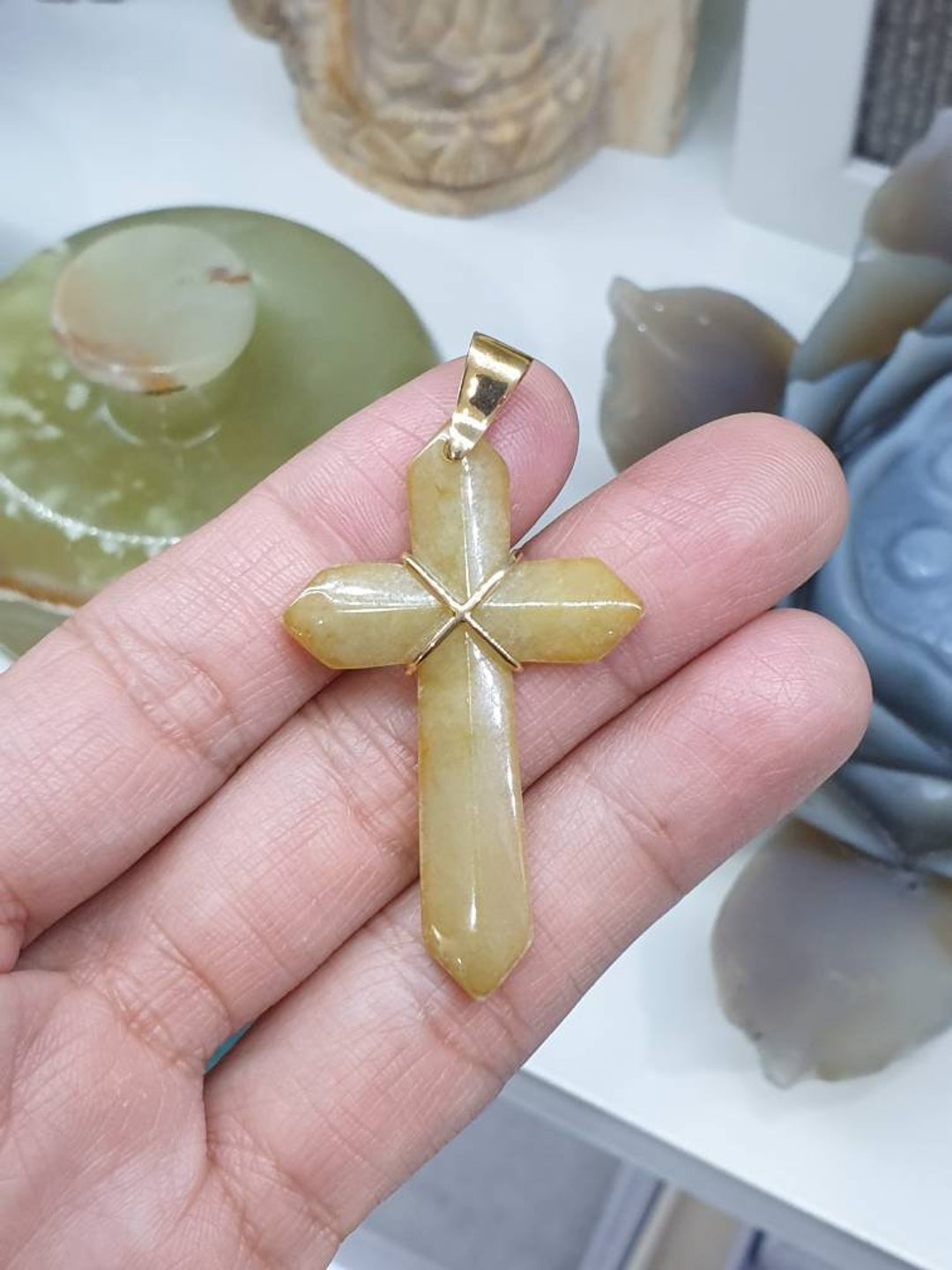 Honey Jade Cross Pendant in 14 Karat Gold - Etsy