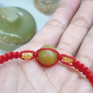 Honey Jade Bead & 24 Karat Gold Koi Fish in Red Thread Braided Bracelet ...
