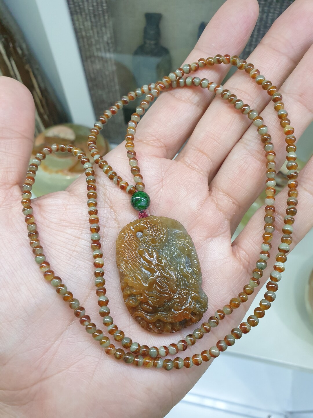 Red Jade Dragon Pendant on Two-toned Jade Beaded Necklace (24 Inch ...