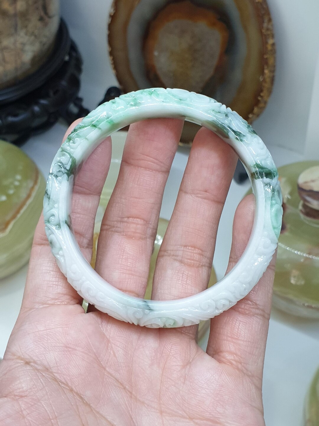 Moss in Snow Jade Floral Bangle (size 58.5) | Authentic Type A Jadeite ...
