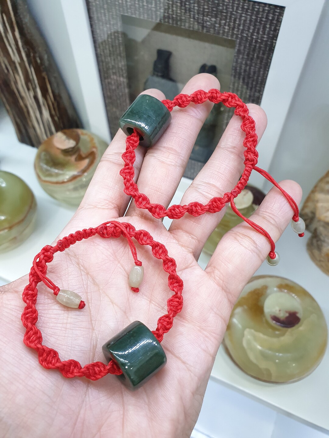 Jade Barrel Bead in Red Thread Braided Bracelet his and Hers - Etsy