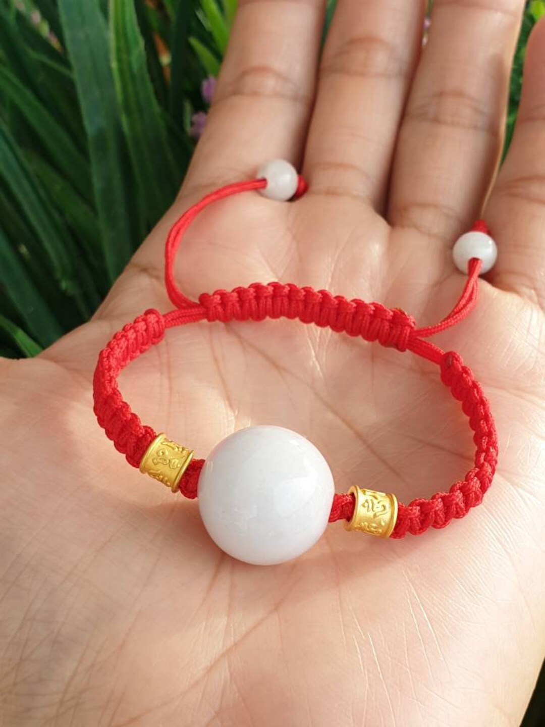 White Jade & 24K Gold Om Mani Padme Hum in Lucky Red Thread Bracelet - Etsy