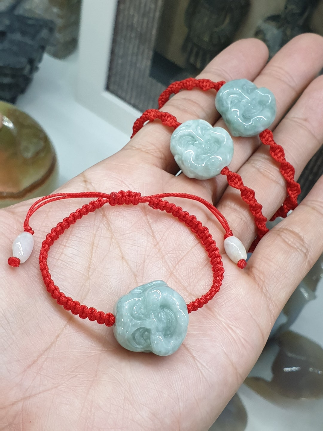 His & Hers Jade Happy Buddha in Red Thread Bracelet - Etsy