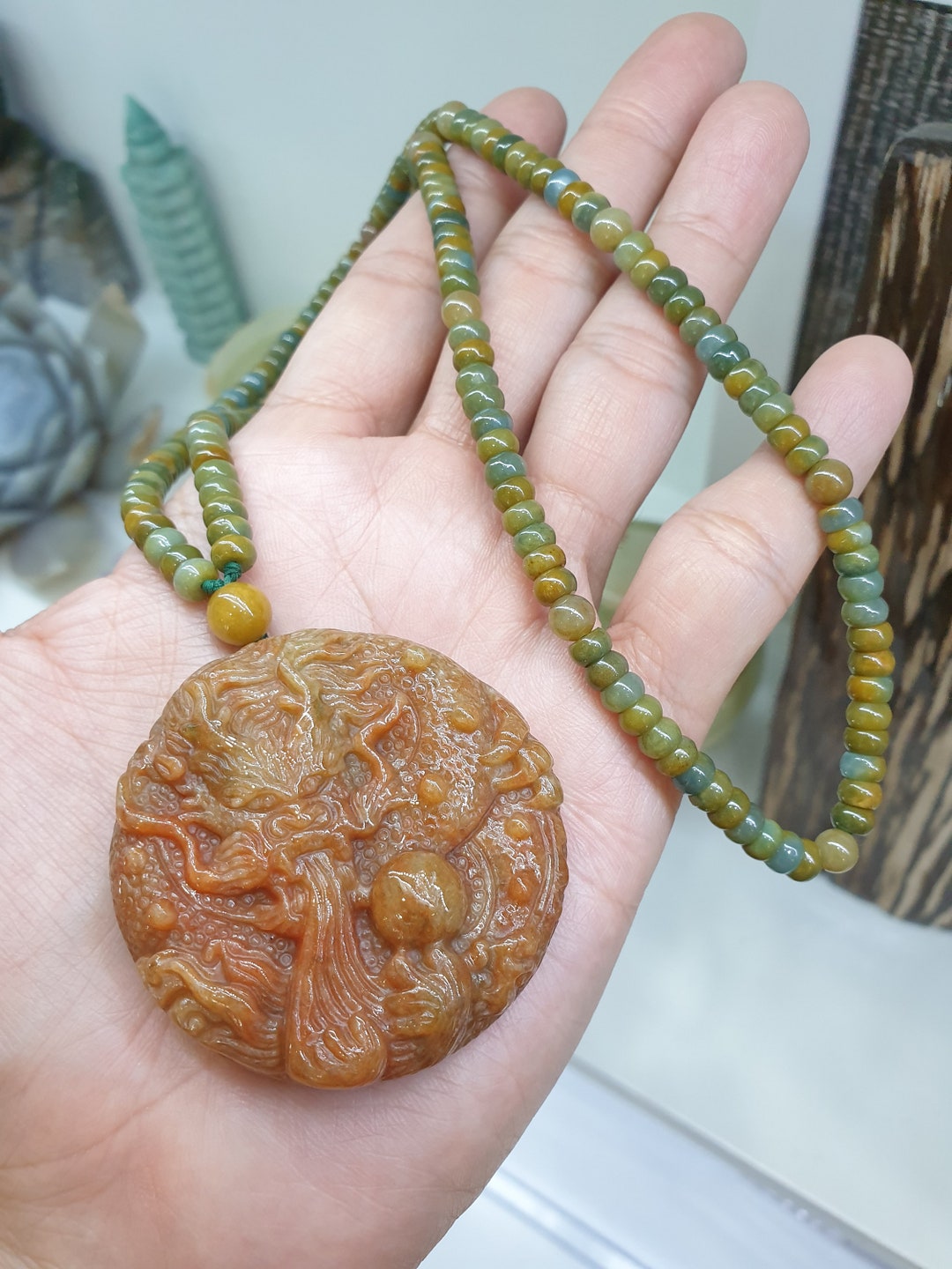 Red Jade Dragon Pendant on Beaded Jade Necklace (24 Inch +) - Etsy